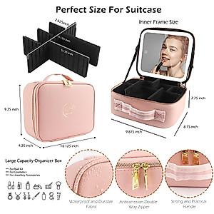 MOMIRA Makeup Train Case with Light & Mirror Large Cosmetic Organizer with Adjustable Dividers for Cosmetics,10X Magnifying Makeup Mirror,Pink