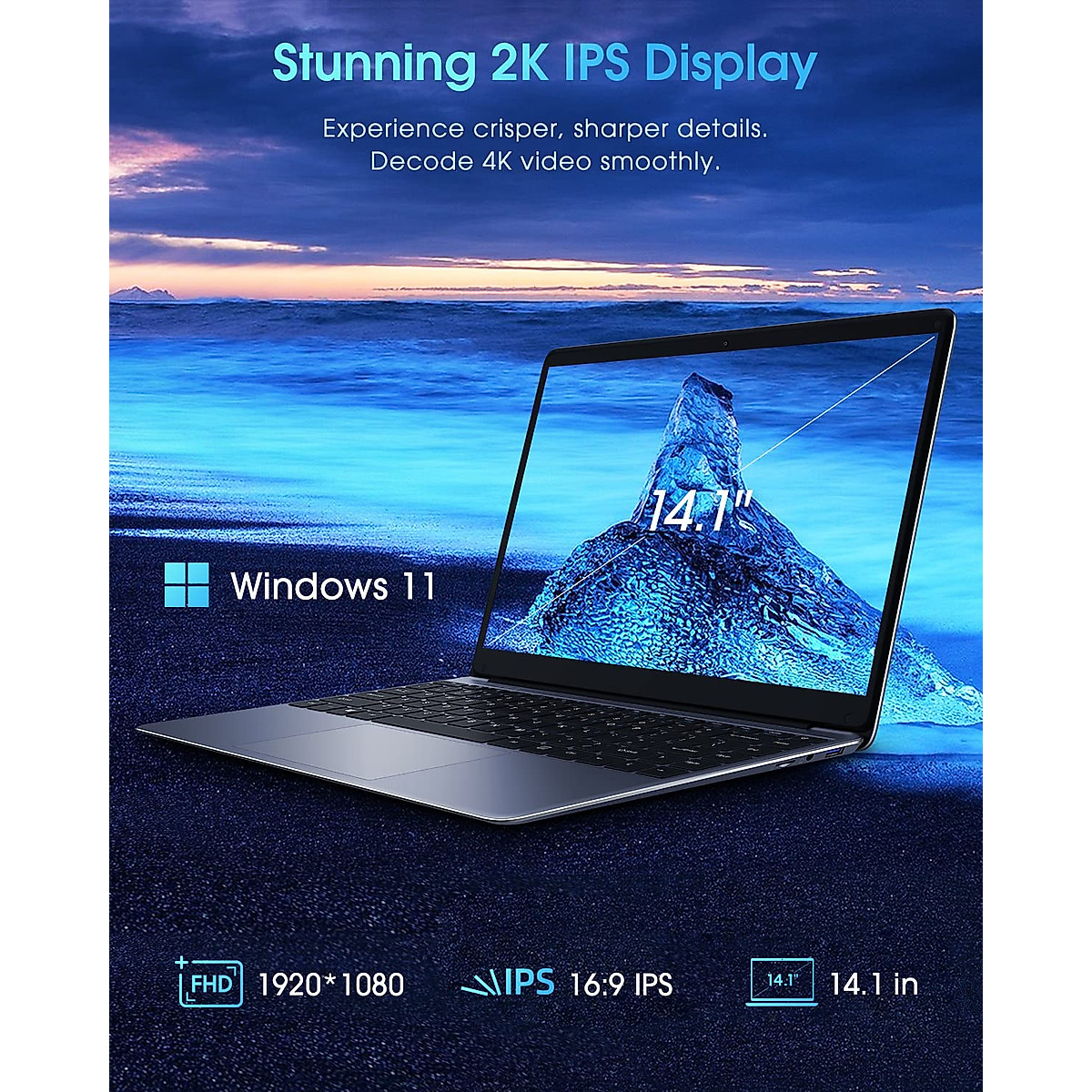 CHUWI HeroBook Pro 14.1'' Laptop, 8GB RAM 256GB SSD, Windows 11 Laptop, 1TB SSD Expand, Intel Celeron N4020(up to 2.8GHz), 2K FHD IPS Display, Ultra Slim, Mini-HDMI, 5G WiFi, BT4.2, Webcam,TF Card