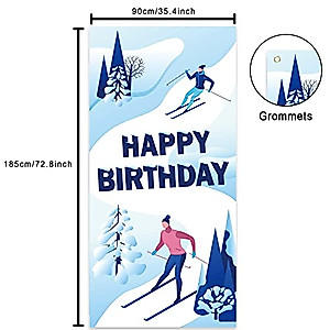 Skiing Happy Birthday Banner Backdrop Background Sports Ski Snowboards Theme Decor Decorations for Skier Winter Christmas 1st Birthday Party Baby Shower Supplies Photo Booth Props Favors