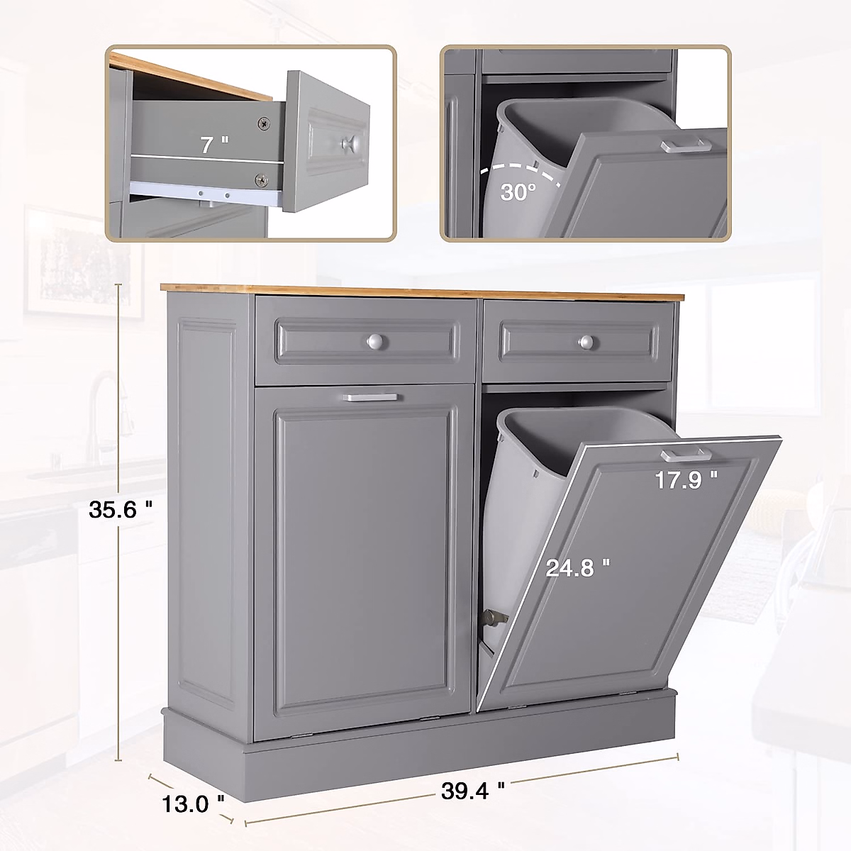 Anbuy Double Kitchen Trash Cabinets Dual Tilt Out Trash Cabinet with Two Solid Wood Hideaway Trash Holder Drawers, Free Standing Recycling Cabinet Trash Can Holder (Dual Gray)