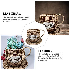 Cabilock Woven Teacup Flower Basket Rattan Woven Basket Desktop Decor Woven Flower Vase Fiddle Leaf Fig Wicker Woven Basket Dining Table Planter Water Plant Weaving Indoor Household Basket