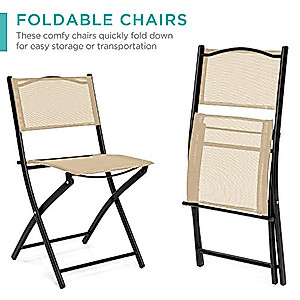 Best Choice Products 3-Piece Patio Bistro Dining Furniture Set w/Textured Glass Tabletop, 2 Folding Chairs, Steel Frame, Polyester Fabric - Beige