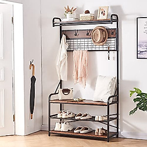 HOMISSUE 5-In-1 Entryway Hall Tree with Shoe Bench, Coat Rack with 11 Hooks and 2 Hanging Rods, Grid Panel for Memo and Photo Display, Brown Finish