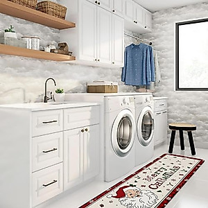 Prime Leader Merry Christmas Kitchen Mat Set 2 Pieces Cute Santa Claus Decor Red Black Buffalo Plaid Non Slip Kitchen Rugs Washable Runner Rug Mats for Kitchen Sink, 15.7" x 23.6"+15.7" x 47.2"