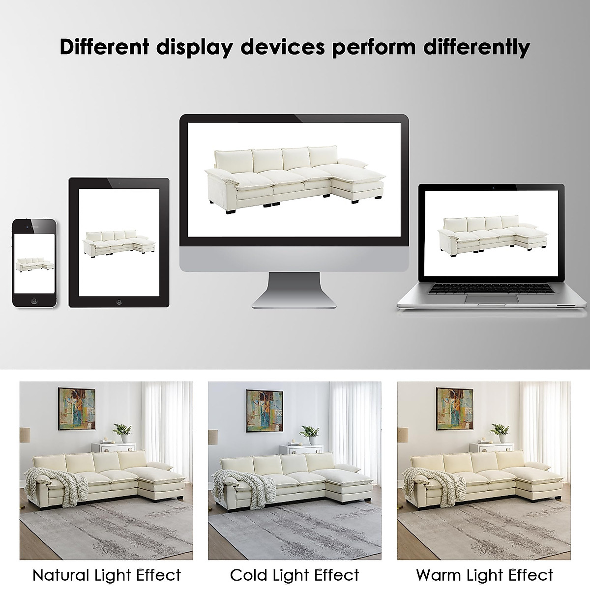 Tmsan 118" Convertible L Shaped Couch, Comfy Modular Sectional Sofa with Double Cushions, Chenille Upholstered Cloud Couches for Living Room, Beige