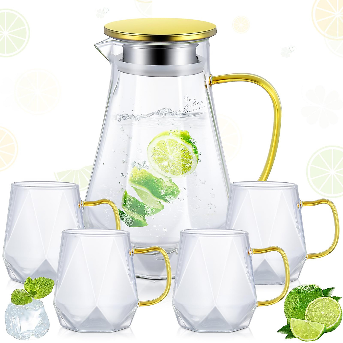 Mumufy 5 Pcs Glass Pitchers Set, 50 oz Borosilicate Glass Pitcher with 4 Cups Diamond Design Water Pitcher with Handle and Stainless Steel Lid Glass Kettle Durability Glass Carafe for Tea Coffee Juice