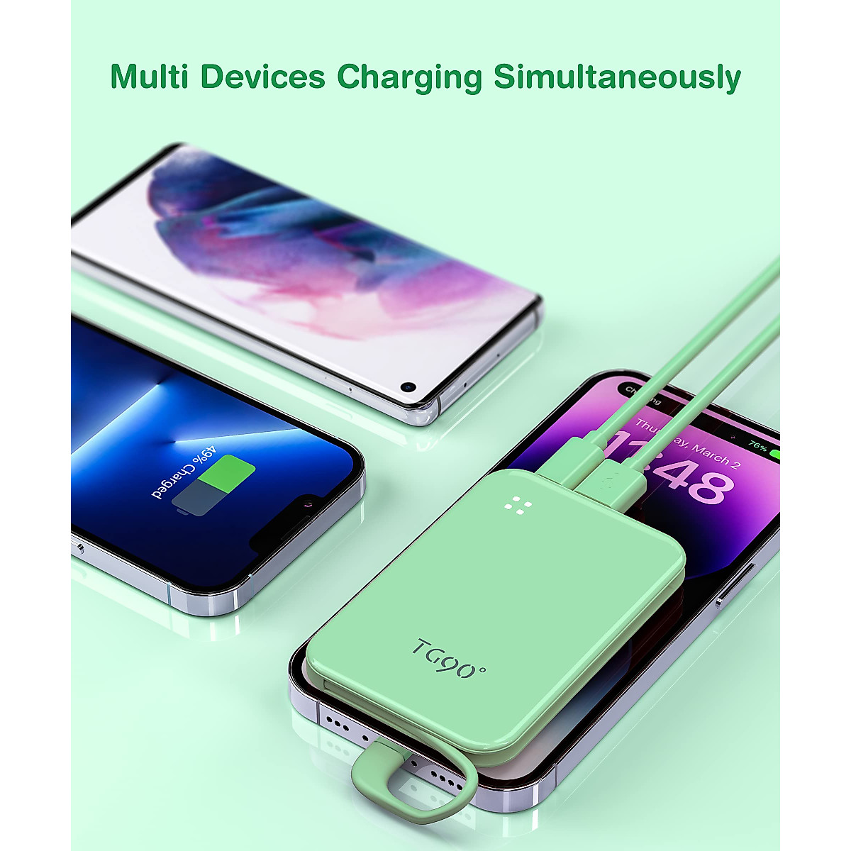 TG90° 4500mah Small Power Bank with Built-in Cable, Pocket Friendly Portable Battery Pack Charger Compatible with iPhone 14/14 Pro/13/13 Pro/12/12 Pro/11/11 Pro/X/XS/SE and More