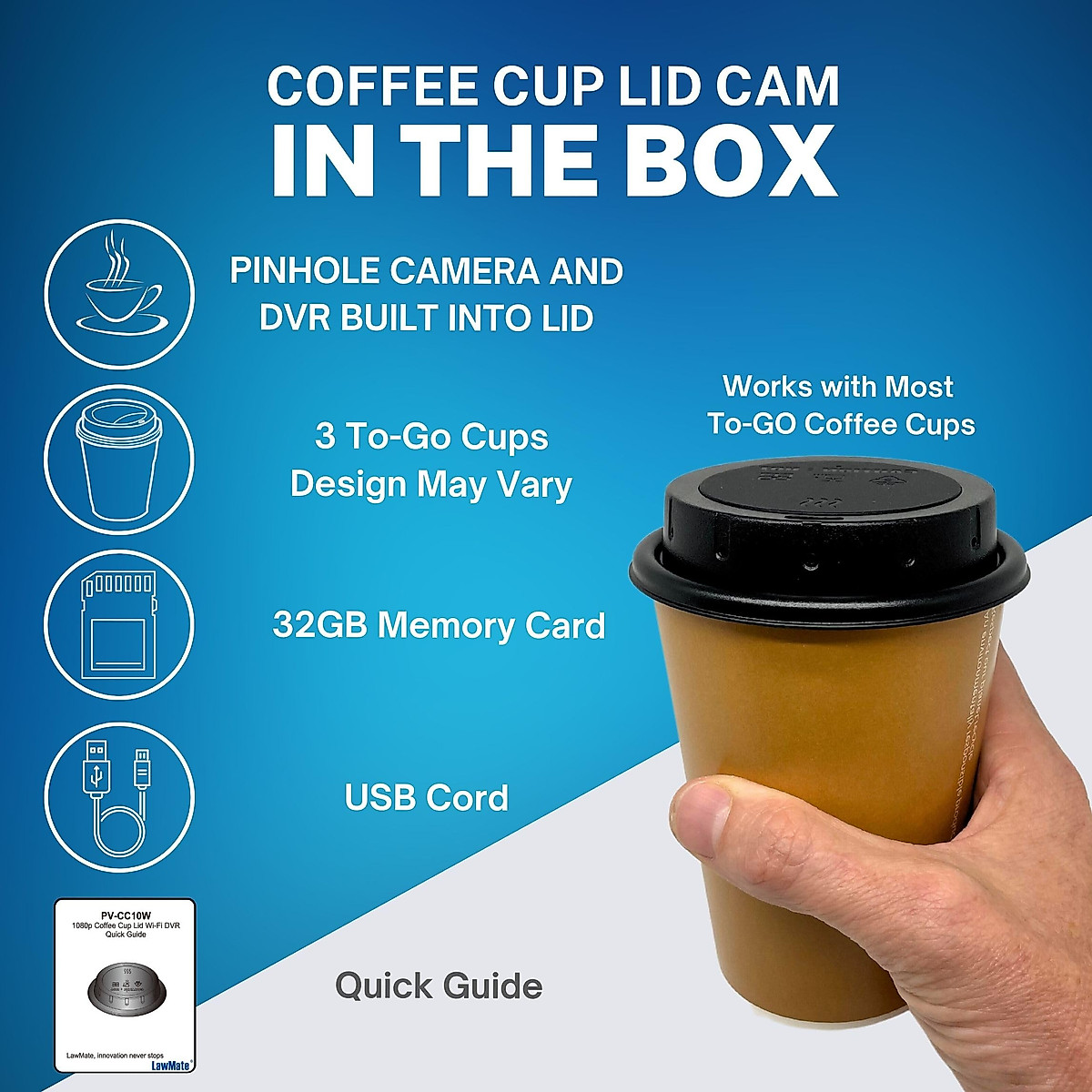 Lawmate PV-CC10W outdoor 1080P Covert Coffee Cup Lid Camera DVR with WiFi with 32GB Micro SD Card, 720p
