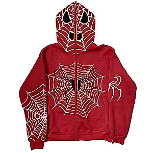 Leyajedol Women Y2k Star Print Zip Up Hoodie Oversized Long Sleeve Sweatshirt Gothic Graphic Aesthetic Punk Jacket with Pockets(H-Spider Web Print Red,S)