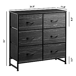 WLIVE Fabric Dresser for Bedroom, 6 Drawer Double Dresser, Storage Tower with Fabric Bins, Chest of Drawers for Closet, Living Room, Hallway, Nursery, Charcoal Black Wood Grain Print