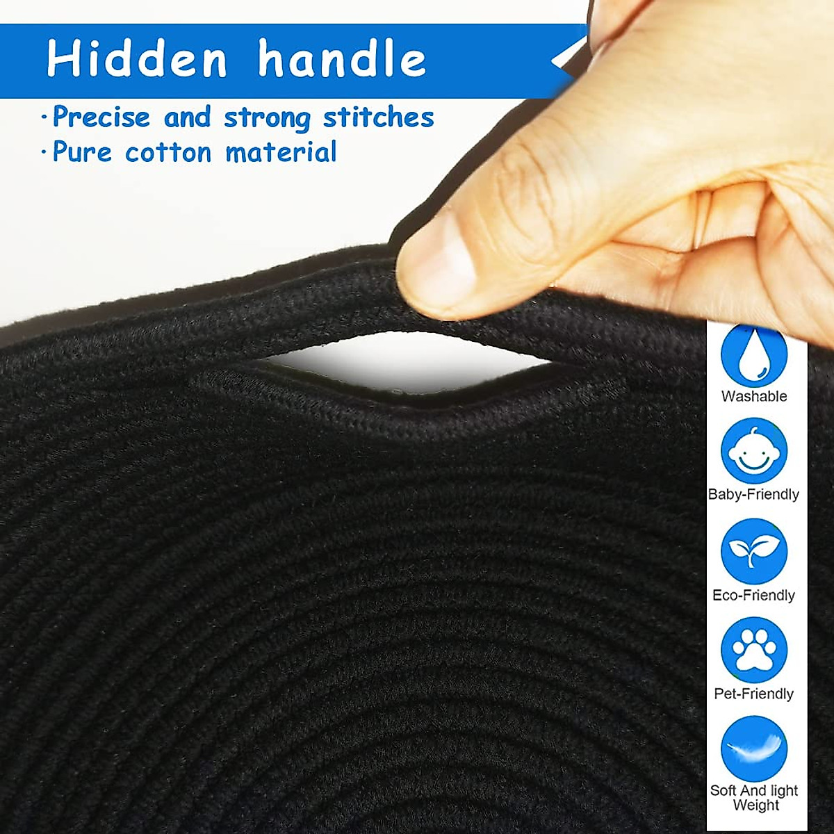 Hispqser Large Black Woven Basket, Round Cotton Rope Basket with Handle Empty Gift Basket to Fill Decorative for Toys Hamper Nursery Sturdy Thicken Storage Bathroom Living Room 10.6 * 10.6 * 3.5in