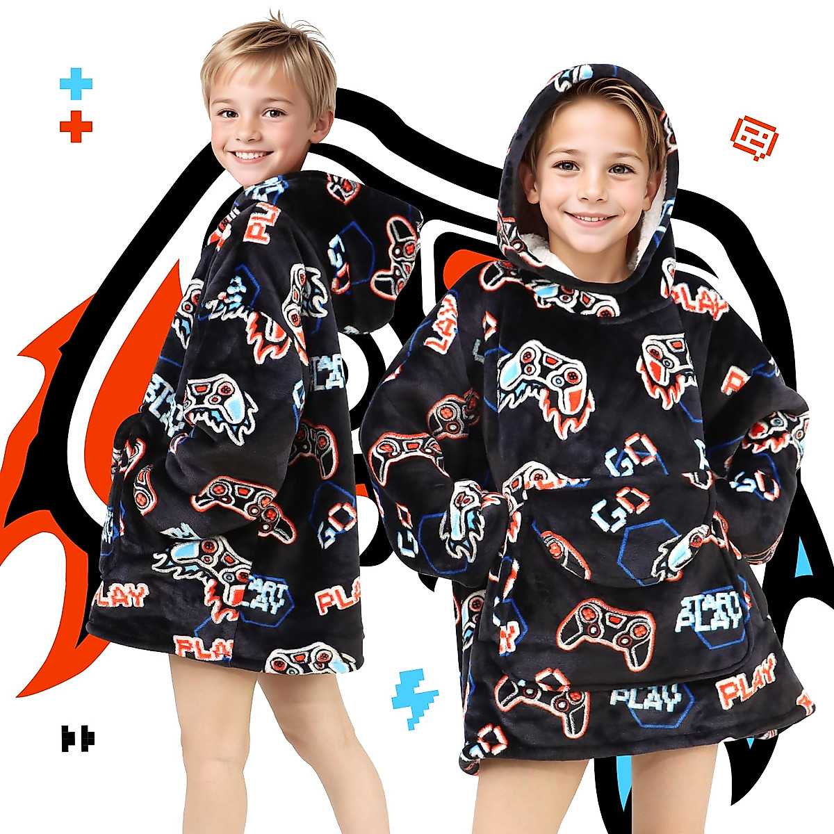 REXEO Wearable Blanket Hoodie for Kids Fleece Sweatshirt Blanket Gamer Gifts for Boys Girls Flannel Hooded Blanket with Pocket and Sleeves for Kids