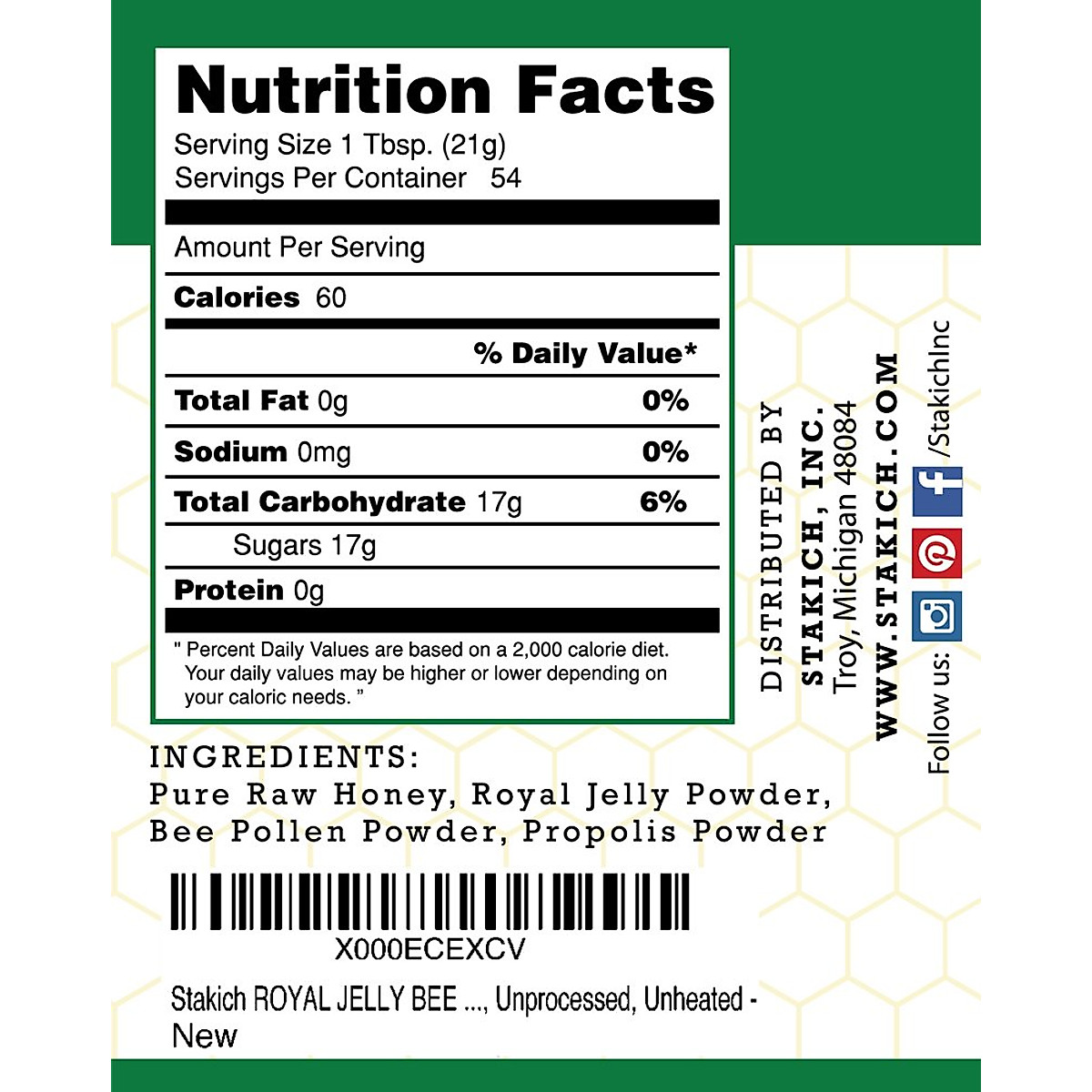 Stakich Royal Jelly, Bee Pollen, Propolis Raw Honey - Pure, Unprocessed, Unheated - 40 Ounce