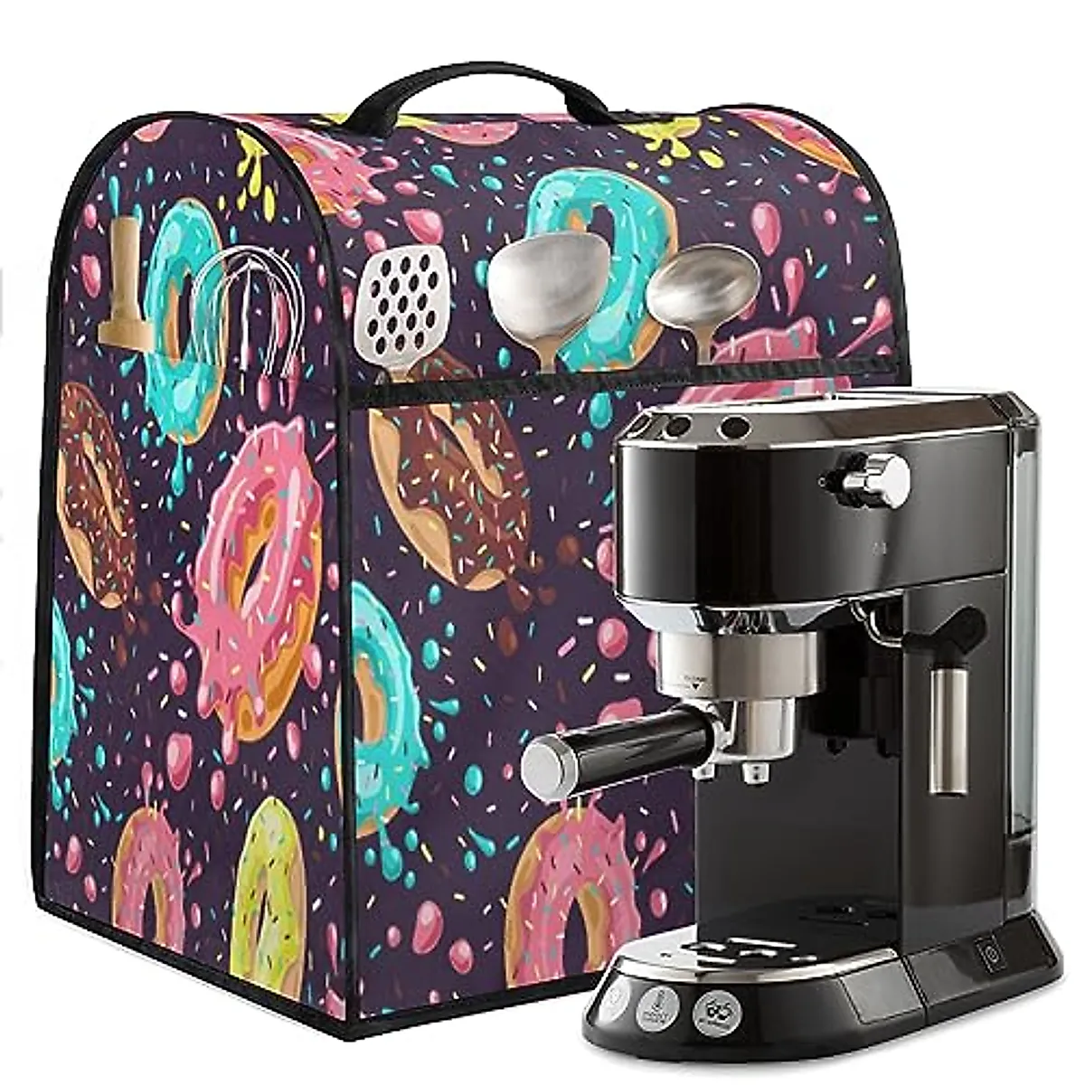 DXTKWL Pink Donut Chocolate Theme Coffee Maker Cover Dust protection,Cute Coffee Machine Cover with Pockets and Top Handle， Easy Clean 14.6 * 11.2 * 17inch
