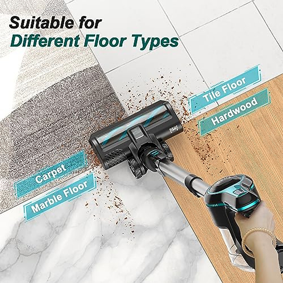 INSE 28Kpa Cordless Vacuum Cleaner, 300W Powerful Stick Vacuum, 8-in-1 Rechargeable Vacuum, 2500m-Ah Battery, 45min Runtime, 1.2L Dustbin, Lightweight Cordless Vacuum for Pet Hair Hard Floor Carpet