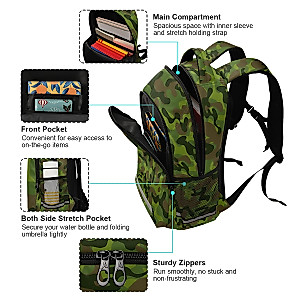 MNSRUU School Backpack with Chest Strap, Camouflage Green Laptop Backpack, Travel Hiking Backpack for Boys Girls, Rucksack, Knapsack
