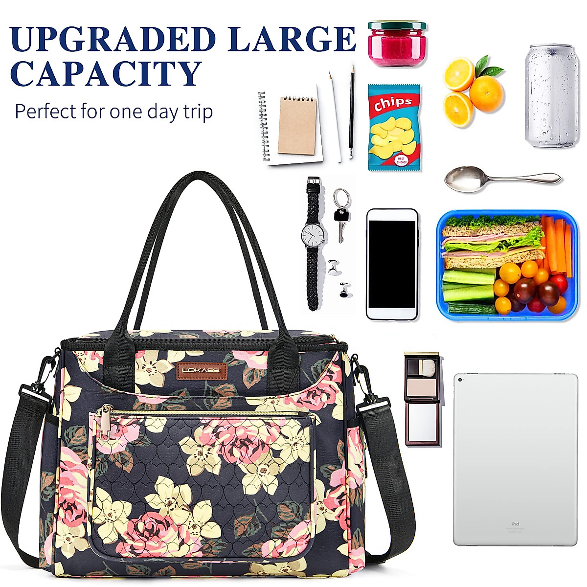 LOKASS Lunch Box - Lunch Bag Women Insulated Lunch Box for Women Teacher Nurse Tote Bag for Work Picnic or Travel Removable Shoulder Strap Side Pocket - Peony