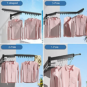 LITAITAI Space-Saving Wall Mounted Laundry Drying Rack - Folding Retractable Clothes Drying Rod - Ideal for Indoor and Outdoor Use, Clothes Drying Rack for Laundry Rooms or Bathrooms (1-Pole, Black)