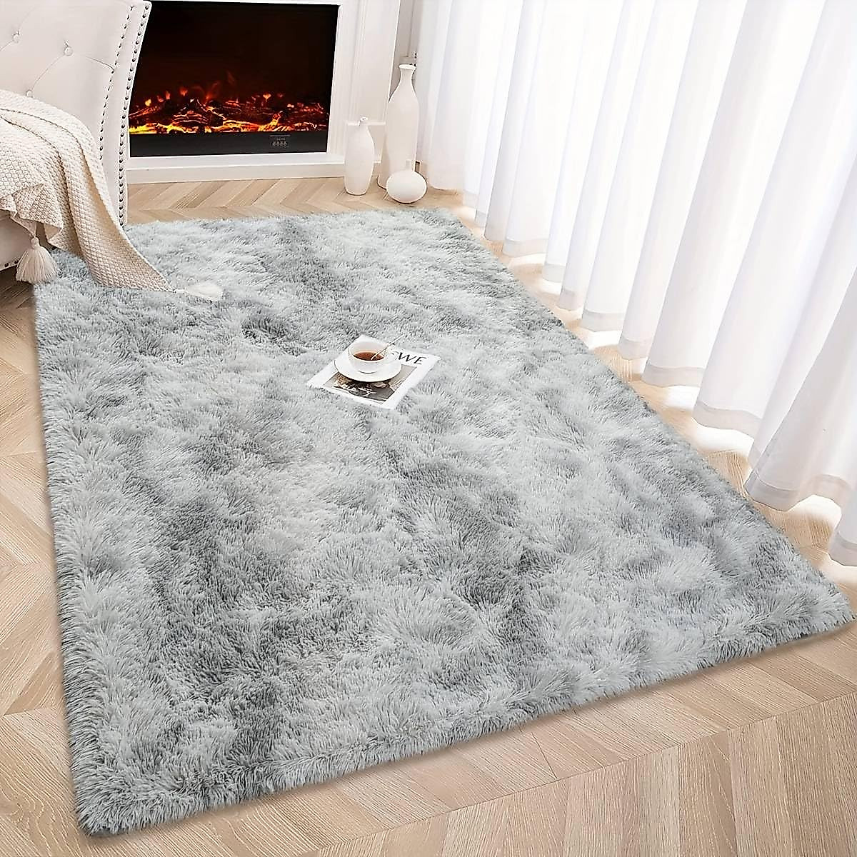 Floralux 5x7 Rugs Light Gray Tie-dyed, Shag Area Rugs 5x7 for Bedroom, Fluffy Carpets Rugs for Living Room, (5x7 Ft., Tie-dyed Light Gray)