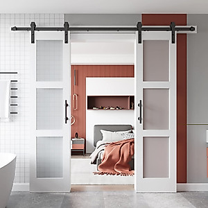 EaseLife 42in x 84in (Double 21in×84in Door) Glass Barn Door with 7FT Sliding Double Door Hardware Kit Included & Handle,Solid MDF Inside Covered with Water-Proof PVC Surface,3-Panel Glass,White
