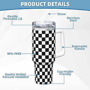 deaokluy 40 OZ Checkered Pattern Ice Bully Cup with Handle Straw Lid, Double Wall Stainless Steel Tumbler Travel Coffee Cup, Black White Insulation and Cooling Cup for Christmas Birthday Present