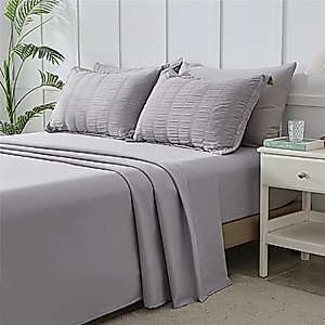 KAKIJUMN Grey Comforter Set King Size, 7 Piece Bed in a Bag Seersucker Comforter and Sheet Set, All Season Soft Microfiber Complete Bedding Set(Grey,King)