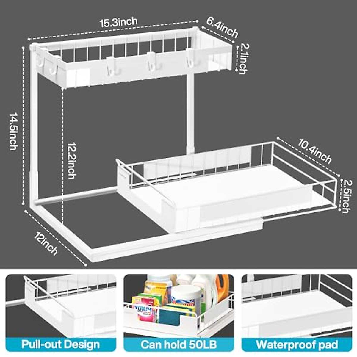Large Under the Sink Organizer Bathroom, 2-Tier Kitchen Under the Sink Organizers and Storage with 4 Hooks, Cabinet Storage Shelves No Drilling Rustproof Stainless Steel Pull Out Shelf, White