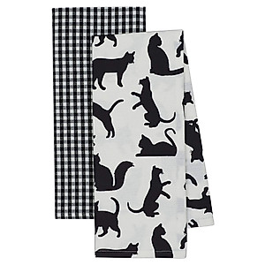 4 Cat Themed Decorative Cotton Kitchen Towels (Includes One with Sayings) | Black and White Towel Set for Dish and Hand Drying