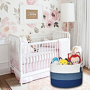 COMSE Extra Large Blanket Basket, Storage Basket, Laundry Basket, 21.7”x 13.8”, Laundry Hamper, Cotton Rope Basket, Blanket Basket Living Room, Toy Basket (White & Cadet Blue & Navy Blue)