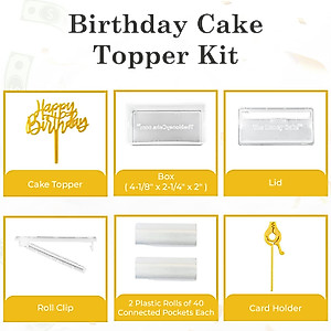 The Money Cake - Money Cake Pull Out Kit Includes 1 Money Box 2 Plastic Roll 40 Transparent Bag Connected Pocket Each, and 2 Surprise Cake Toppers for Birthday and Graduation Parties