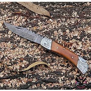 Capra Knives CK-52 Handcrafted Folding Engraved Brass Pocket Knife 4” Folded, 7.25” Long Overall, 4.5oz Olive Wood Handle, Damascus Blade with Leather Sheath