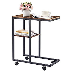 Hoctieon C Shaped End Table, Slim Side Table, Small End Table with Wheels, Snack Side Table with Storage, Sofa Table, for Living Room, Sofa, Couch, Bedroom, Vintage, Rustic Brown