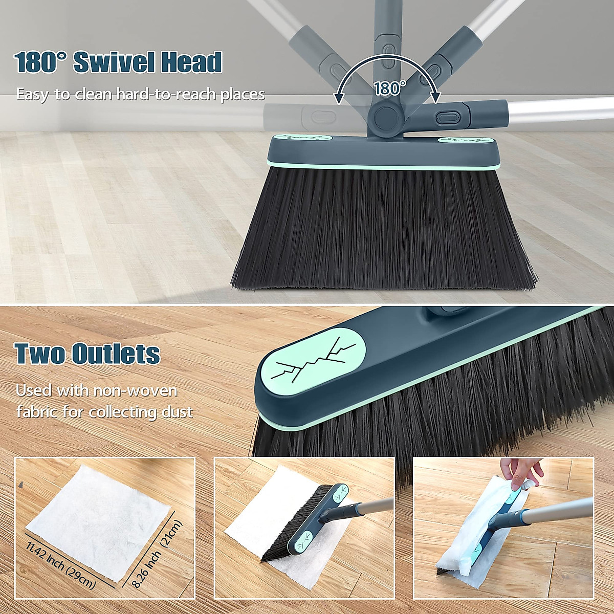 DALIPER Broom and Dustpan Set with Aluminum 54 Inches Long Handle, 180 Degree Swivel Broom and Upright Dust Pan with Hair Scraper for Home, Kitchen, Office, Indoor