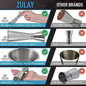 Zulay Kitchen Shot Measure Jigger For Bartending - Cocktail Jigger 18/8 Food-Grade Stainless Steel - Jigger 2 oz 1 oz Etched Markings - Cocktail Measuring Cup Japanese Jigger - Double Jigger (Chrome)