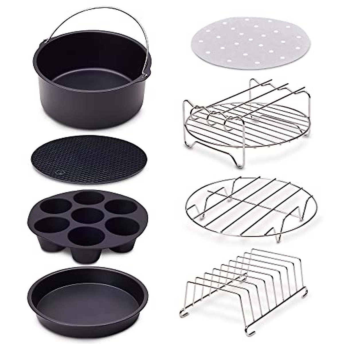 Ultra Cuisine Air Fryer Accessories, Set of 8 - Fits 3.2QT – 5.8QT Deep Fryer - 8 Inch Cake Pan, Pizza Pan, Silicone Mat, Multi-Purpose Rack, Metal Stand - BPA Free, Dishwasher Safe, Easy to Clean