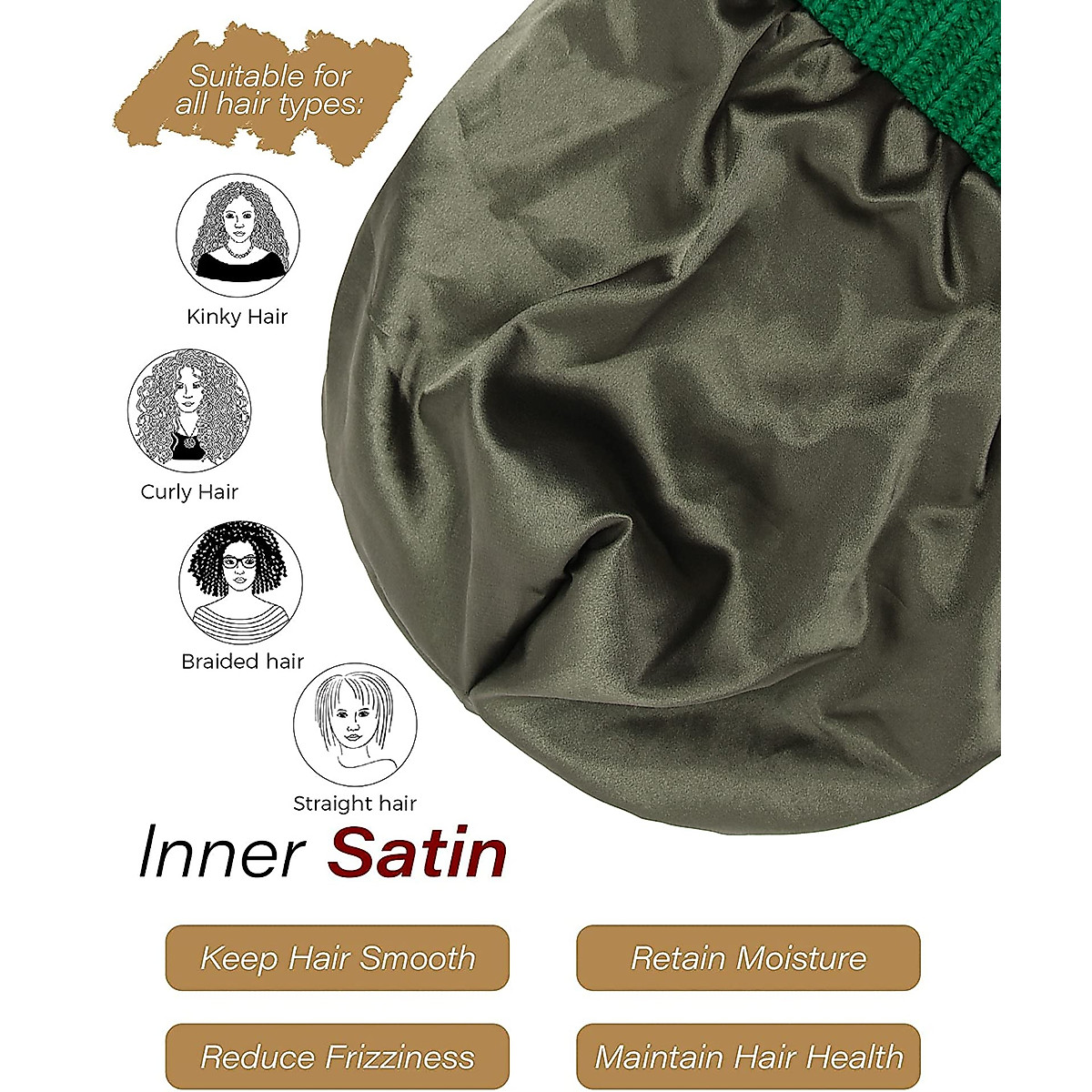 Muryobao Women Satin Lined Beanie Hat Knit Cuffed Warm Winter Hats Faux Fur Pom Pom Silk Lining Slouchy Skull Cap Green