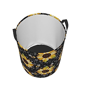 Sunflower Bees Printed Round Laundry Hamper,Collapsible Clothes Hamper Storage With Handle,Canvas Fabric Waterproof Storage Bin
