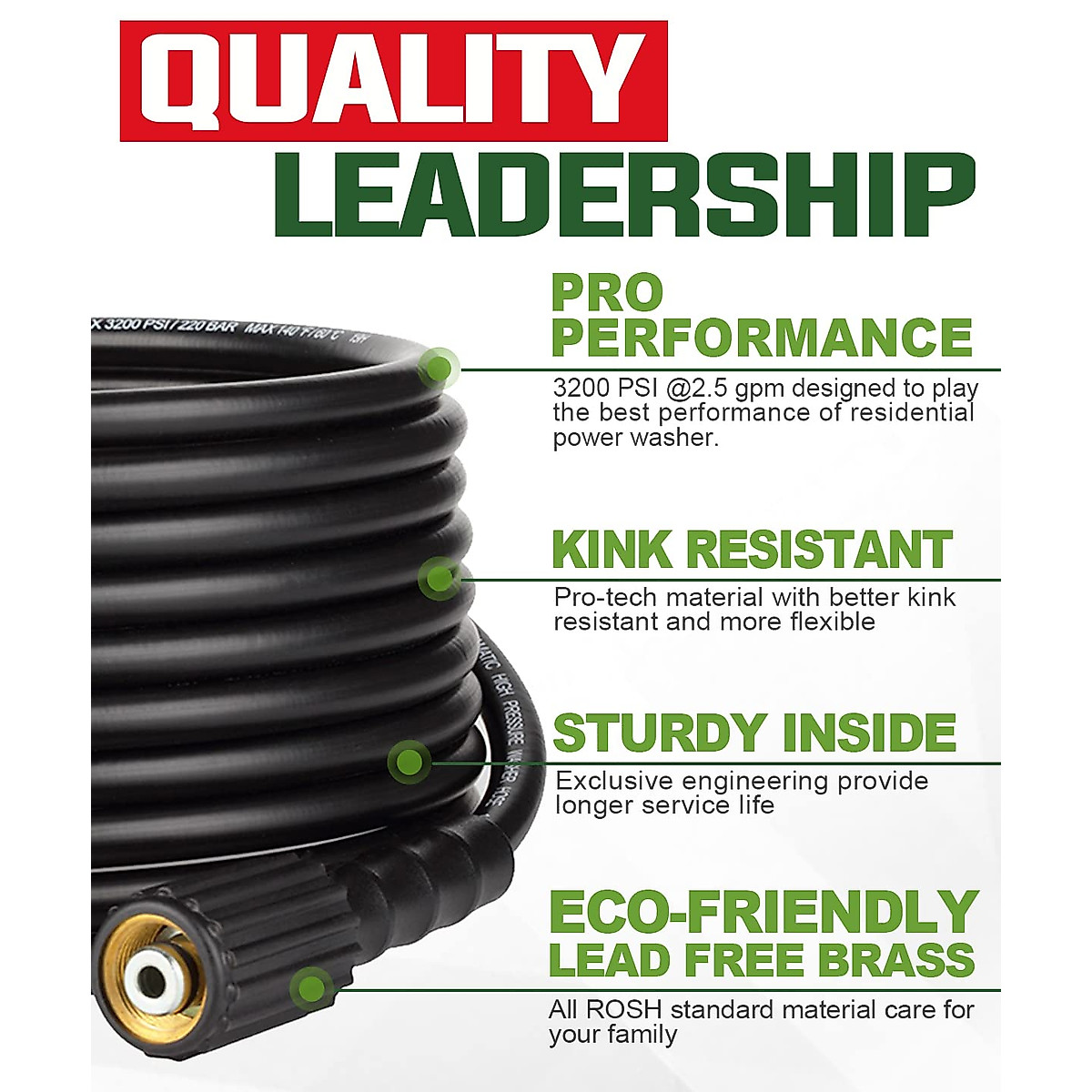 YAMATIC Pressure Washer Hose 100 FT 1/4" Kink Free M22 14mm Brass Thread, Replacement for Ryobi, Troy Bilt, Greenworks, Simpson & More Power Washers, 3200 PSI