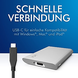 LaCie Portable SSD 2TB External Solid State Drive - USB-C, USB 3.2 Gen 2, speeds up to 1050MB/s, Moon Silver, for Mac PC and iPad, with Rescue Services (STKS2000400)