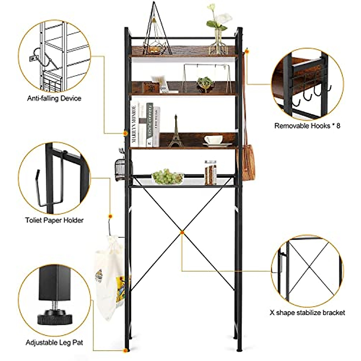 SEJOV 69" H Over-The-Toilet Storage, 4 Tiers Over The Toilet Bathroom Organizer, Wooden Freestanding Bathroom Shelf Over Toilet with Hooks and Special Metal Mesh Layer, Adjustable Feet, Rustic Brown