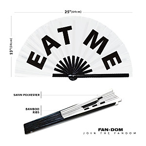 Eat Me hand fan foldable bamboo circuit hand fan funny gag slang words expressions statement gifts Festival accessories Rave handheld Circuit event fan Clack fans (White)