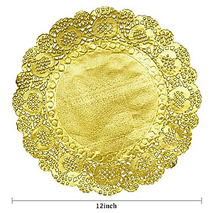 Amkoskr 100 Pcs 12 Inch Round Lace Gold Paper Doilies Gold Foil Paper Placemats Doily Paper Pad for Cakes Crafts Party Weddings Tableware Decor