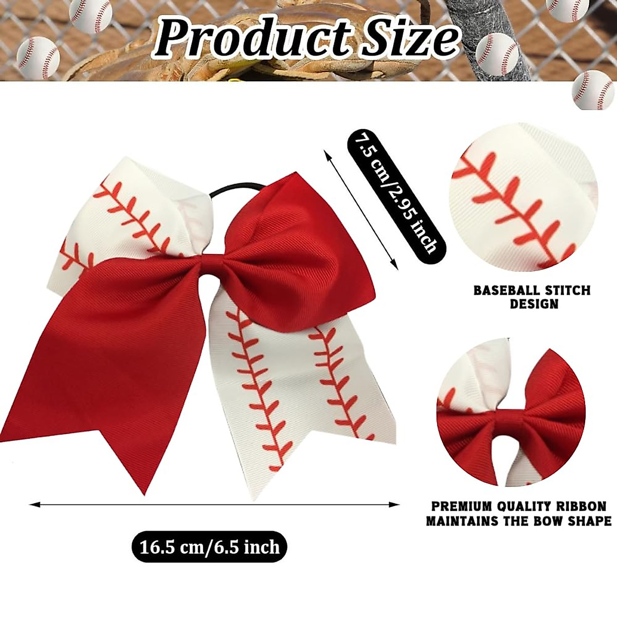 Sportybella - Baseball Stitch Hair Accessories for Girls - Red and White Softball Print Hair Bows, Ponytail Holders Gift Set - 6.5"