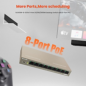 Tenda TEG1109P, 8 Port Gigabit PoE Switch Compatible with IEEE 802.3af/at Devices, Unmanaged PoE Switch with 8 Port PoE+@102W, w/ 1 Uplink Gigabit Port, Metal Design, Limited Lifetime Protection