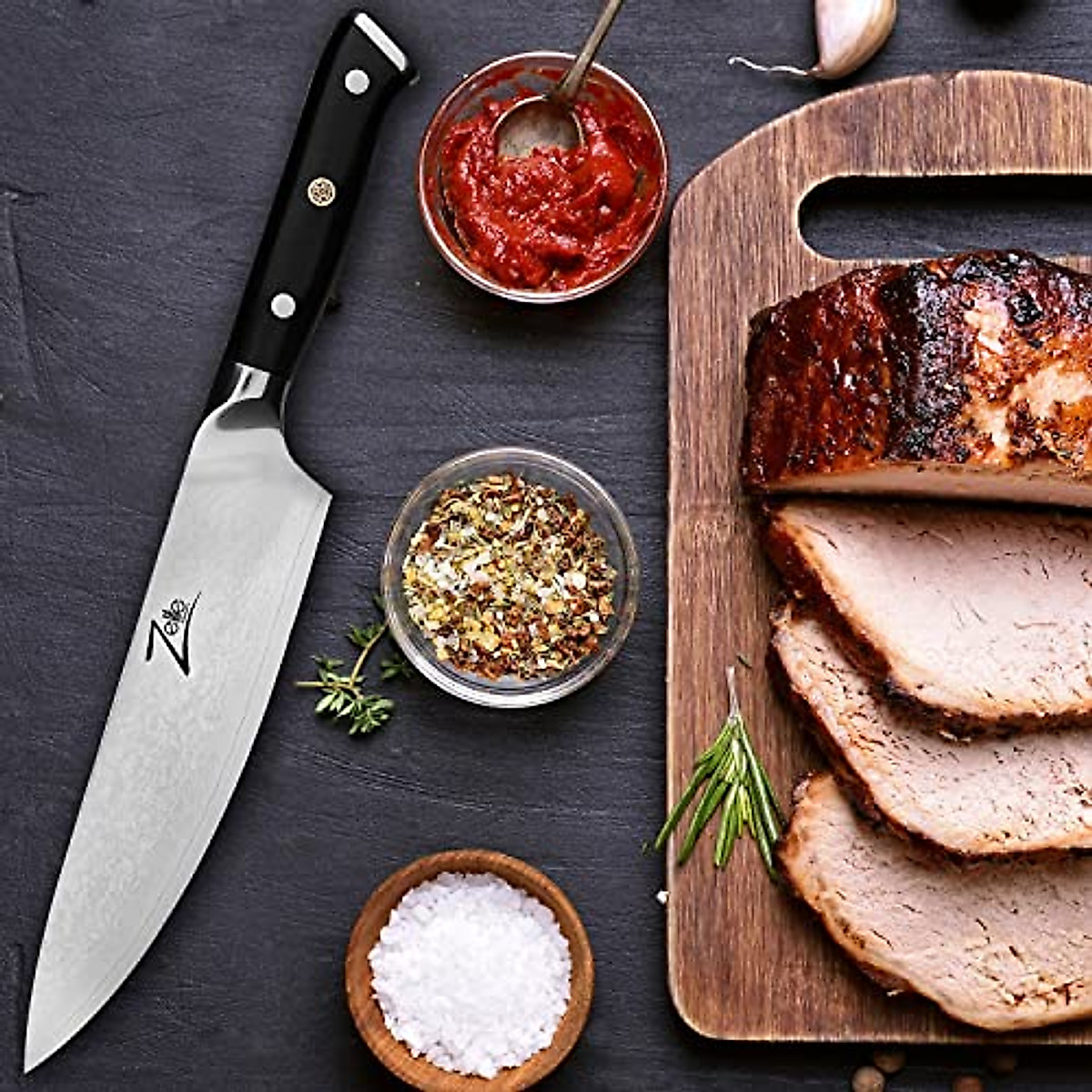 Zelite Infinity Damascus Chef Knife 8 Inch, Japanese Chef Knife, Damascus Kitchen Knife, Japanese Knife, Chefs Knife, Kitchen Knives, Chef Knives - Japanese AUS-10 Super Steel 67-Layer Damascus Knife