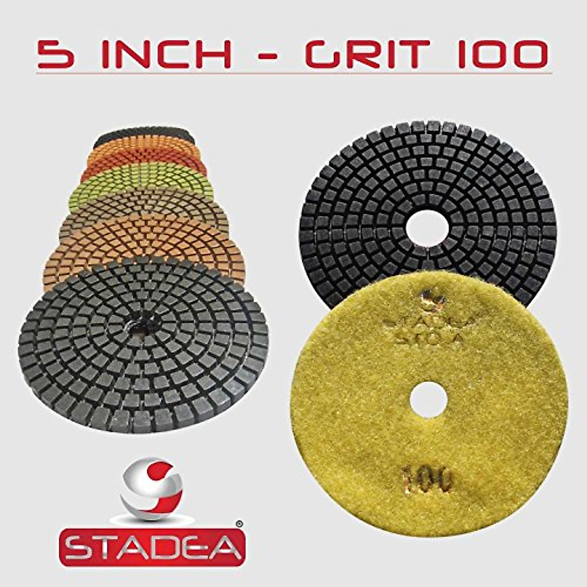 STADEA 5" Wet Diamond Polishing Pads Set for Concrete polishing + Rubber Backer (5/8" 11 Threaded)