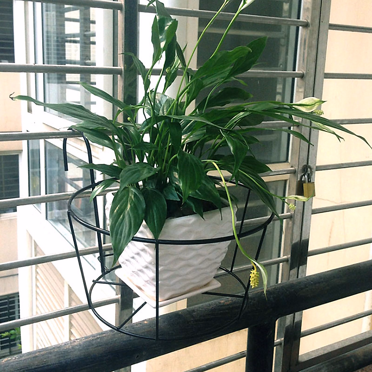 4 Pack Round Hanging Railing Planters, Flower Pot Holders, Metal Pot Plant Basket, Shelf containers for Indoor and Outdoor use (Black)