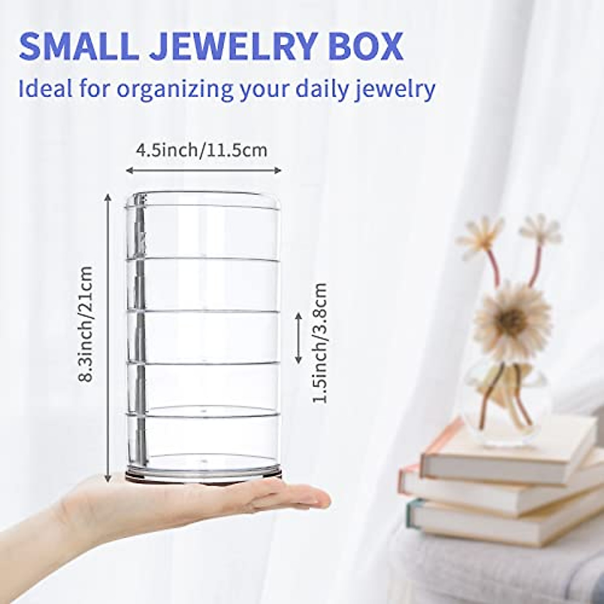 Clear Plastic Small Jewelry Organizer, 5-Layers Rotatable Jewelry Storage Box with Lid for Hair Accessories & Beauty Supplies Earrings Necklaces Bracelets (Clear-5-Layers)