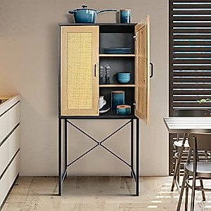 Origeture Storage Cabinet with Doors and Shelves, 3-Tier Buffet Cabinet Sideboard Wood Cabinet, Rattan Console Table Cupboard with X-Shaped Steel Bracket for Dining Room, Kitchen, Living Room, Bedroom