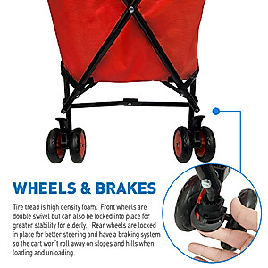 EasyGo Rolling Cart Folding Grocery Shopping Cart Laundry Basket Rolling Utility Cart with Wheels – Removable Canvas Bag - Versa Wheels & Rear Brakes - Easy Folding 120lbs Capacity – Copyrighted – RED